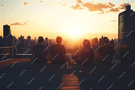 Friends Watching The Sunset From A Rooftop Terrace Premium Ai