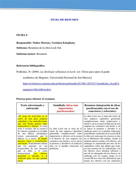 Ficha De Resumen Resumen De La Obra Lock Out Veronica 33 Pdf