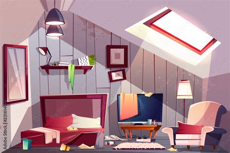 Messy Attic Bedroom Or Guest Room On Garret Interior With Scattered