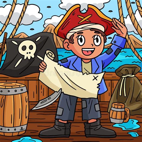 Pirate With Treasure Map Colored Cartoon Stock Vector Illustration Of