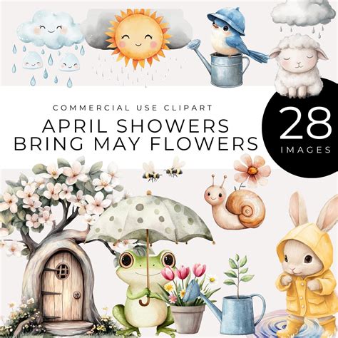 April Showers Clipart Instant Download Springtime Watercolor Png