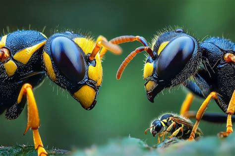 Two Wasps And A Small Wasp On A Green Leaf Premium Ai Generated Image