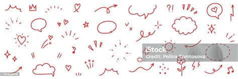 귀여운 빨간 선 아이콘 스케치 요소 손으로 그린 빨간 선 스케치 텍스트 장식 별 반짝임 화살표 하트 요소 세트 간단하게 그려진 태양 반짝임 꽃 강조 기호 배경 벡터