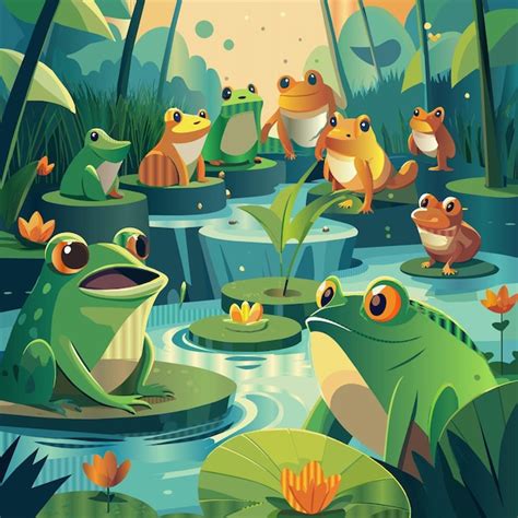 Premium Vector A Colorful Illustration Of Frogs And Trees With A Pond