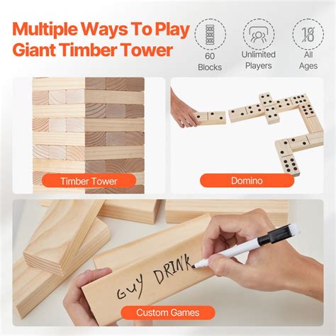 Vevor Tumbling Tower Game Giant 60 Block Wood Stacking Toy