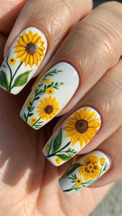 Sunflower Nail Art Design Yellow Floral Summer Nails Sunflower