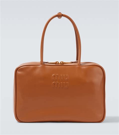 Beau Large Leather Tote Bag In Brown Miu Miu Mytheresa