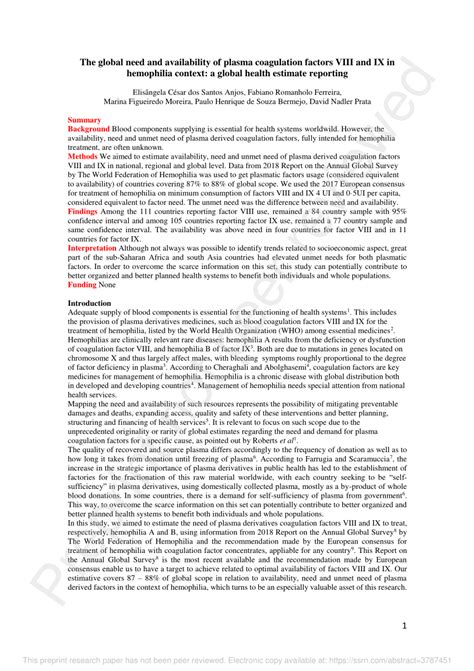 Pdf The Global Need And Availability Of Plasma Coagulation Factors