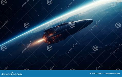 Futuristic Spaceship Orbits Galaxy Exploring Deep Space With Advanced