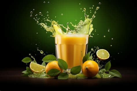 Premium Photo D Orange Juice Splash With Flowing Liquid And Green Laves
