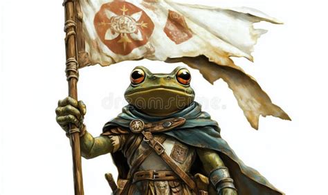 Frog Warrior Holding Flag Detailed Armor Heroic Stance Fantasy Character Vibrant Colors