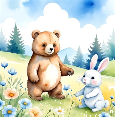 Bear And Rabbit In A Meadow Premium Ai Generated Image