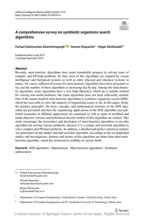 A Comprehensive Survey On Symbiotic Organisms Search Algorithms Request Pdf