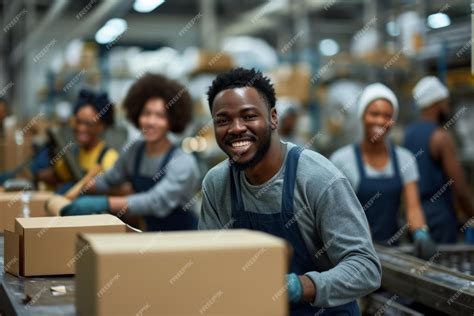 Premium Photo Smiling Group Of Factory Workers Packaging Product At