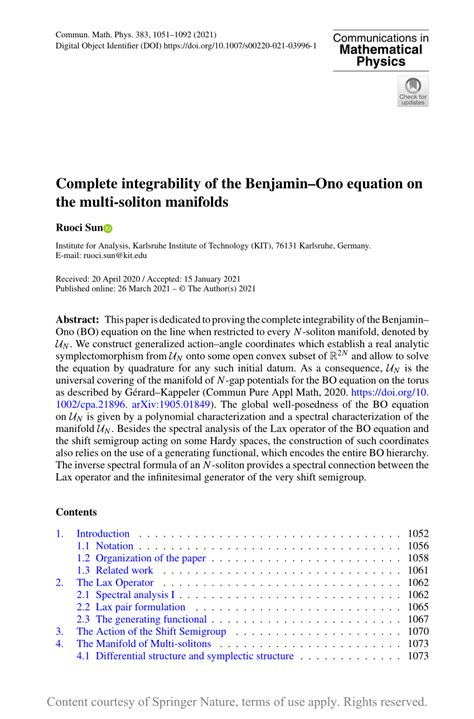 Pdf Complete Integrability Of The Benjaminono Equation On The Multi Soliton Manifolds
