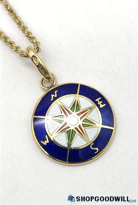 18k Yellow Gold 66g Round Enamel Compass Pendant Rope Chain Necklace