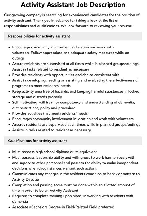 Activity Assistant Job Description Velvet Jobs