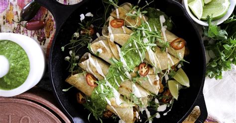 Seared Sweet Potato Flautas With Avocado Salsa Verde Vegnews