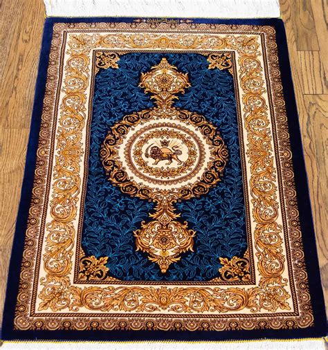 Silk Rug Chicago Royal Blue Persian Qum Silk Rug With Lion And Sun