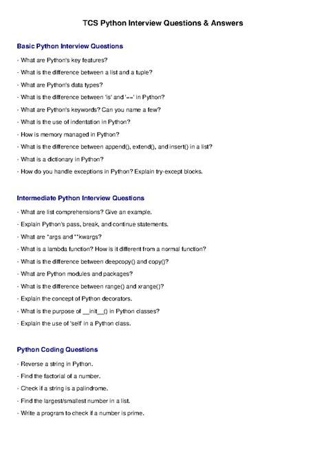 Tcs Python Interview Questions And Answers Basics To Advanced Studocu