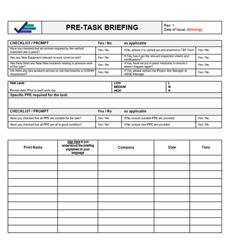 Pre Task Brief And Point Of Work Risk Assessment Template Word Doc Construction Forms Etsy