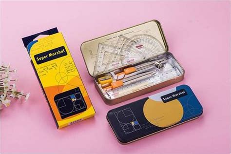 Geometry Math Set Tin Box Packaging Includes Compass Divider Rulers Protractor Pencil