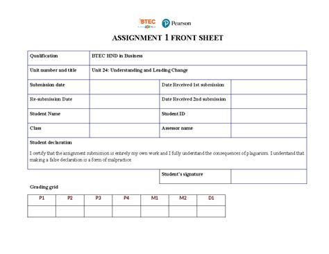 5075 Assignment 1 Frontsheet Assignment 1 Front Sheet Qualification Btec Hnd In Business Unit