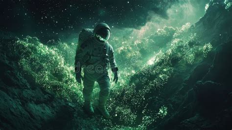 Astronaut Walking Through A Dark Cave Exploring Alien Rock Formations And Unusual Geological