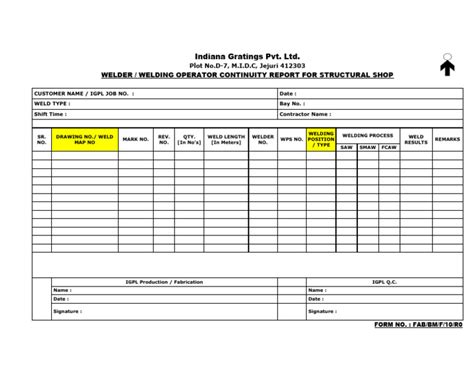 Fab F10 Welder Continuity Record Pdf