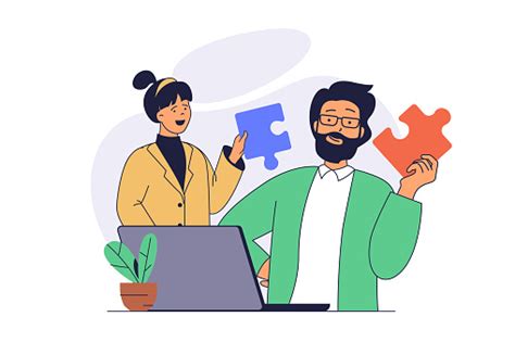 웹을 위한 평면 디자인에 만화 사람들과의 팀워크 개념 남자와 여자가 함께 일을 하고 퍼즐을 모으고 브레인스토밍을 하고 전략을