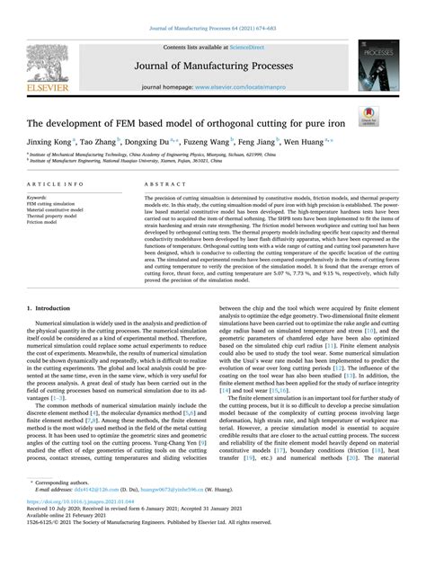 pdf the development of fem based model of orthogonal cutting for pure