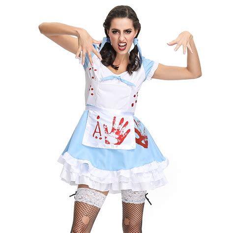 Horrible Bloody French Maid Mini Dress Blood Print Adult Zombie Halloween Cosplay Costume N