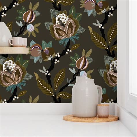 Jacobean Floral Earthy Brown Wallpaper Spoonflower