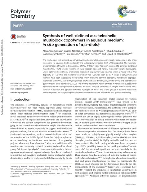 Pdf Synthesis Of Well Defined αω Telechelic Multiblock Copolymers In