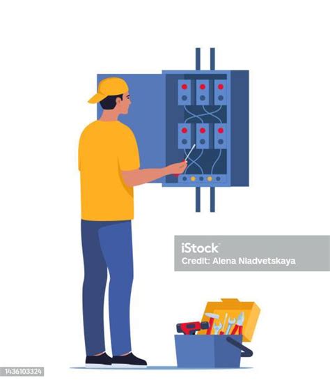 전기 기술자는 전기 배전반을 점검하고 수리합니다 주택 수리 전기 안전 개념 벡터 일러스트레이션 공학에 대한 스톡 벡터 아트 및 기타 이미지 Istock