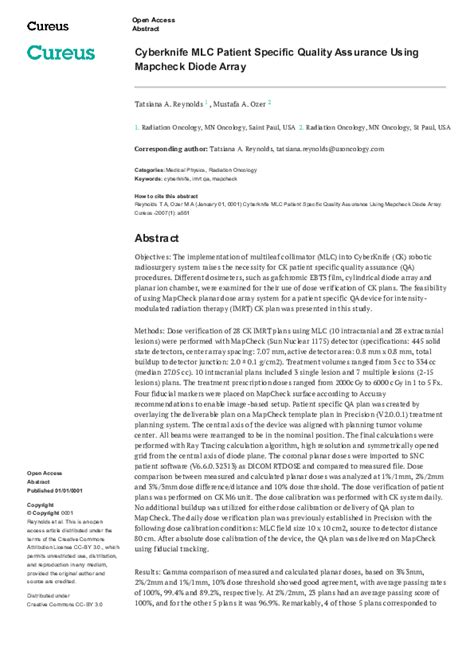 Pdf Cyberknife Mlc Patient Specific Quality Assurance Using Mapcheck Diode Array