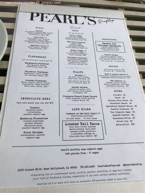 Online Menu Of Pearls Rooftop Restaurant West Hollywood California