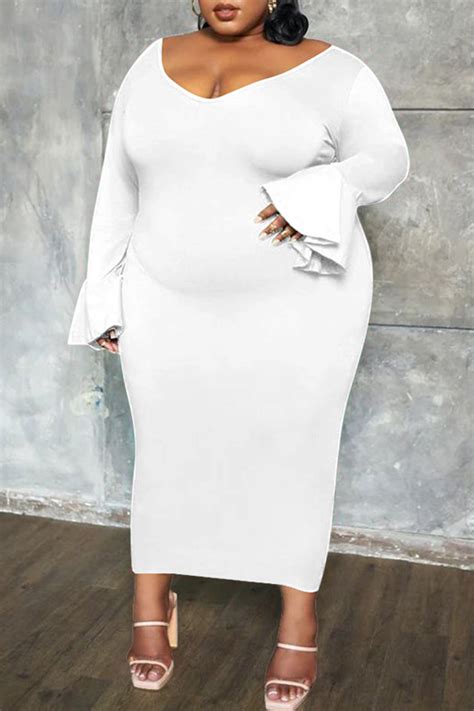 White Casual Solid Patchwork V Neck Long Sleeve Plus Size Dressesplus