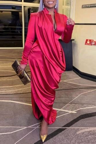 Wholesale Red Elegant Solid Sequins Patchwork Fold V Neck Evening Dress