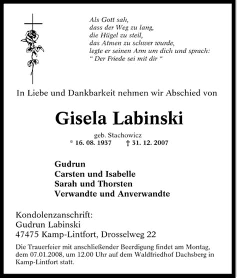 Traueranzeigen Von Gisela Labinski Trauer In Nrwde