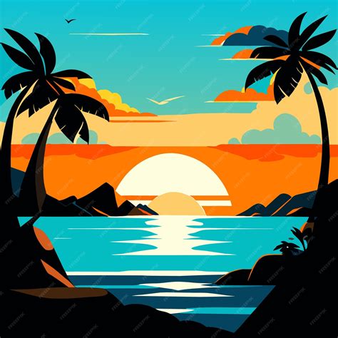 Premium Vector Sea Sunset Landscape Of Sun Above Ocean With Clouds