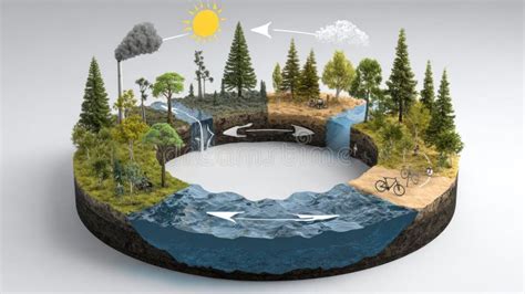 Circular Ecosystem Diagram Showing Water Cycle And Environmental Interactions Under Sunlight