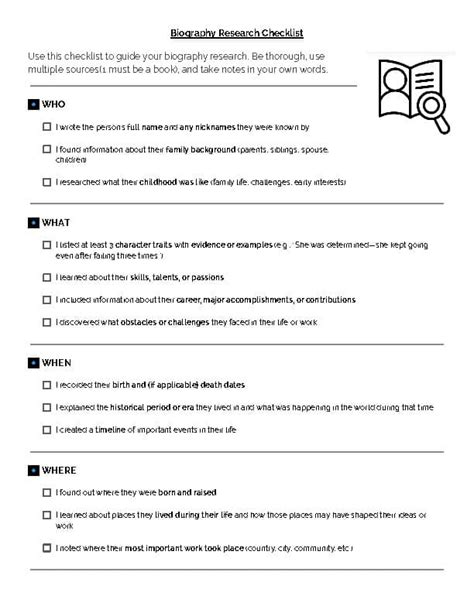 Biography Research Checklist By Melissa Bubany Tpt