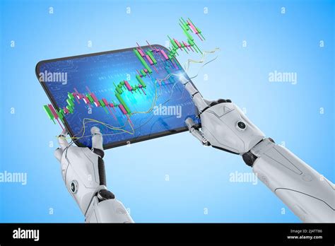 Trading Robot Concept With 3d Rendering Ai Robot With Digital Tablet Display Candle Stick Graph