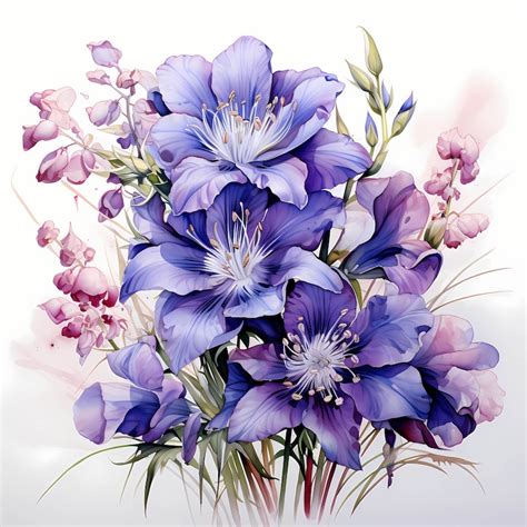 Larkspur Flowers Bouquet Watercolor Clipart Floral Larkspur Bouquet