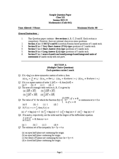 Mathematics Cbse Model Question Papers 2023 With Marking Sch Pdf Maxima And Minima Mathematics