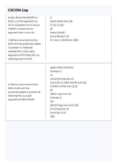 CSCI316 Lisp Flashcards Quiz Part 6 CSCI316 UOW Studocu