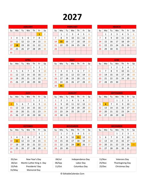Editable 2027 Calendar With With Holidays