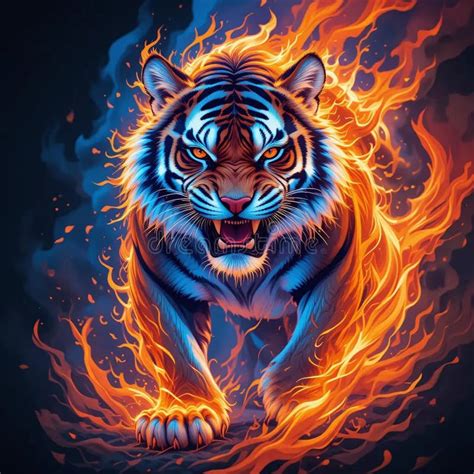 Tiger With Fire Flames On A Dark Background Illustration Generative