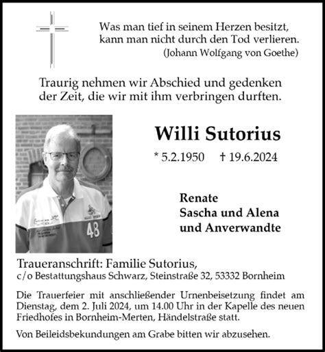 Traueranzeigen Von Willi Sutorius Wirtrauern
